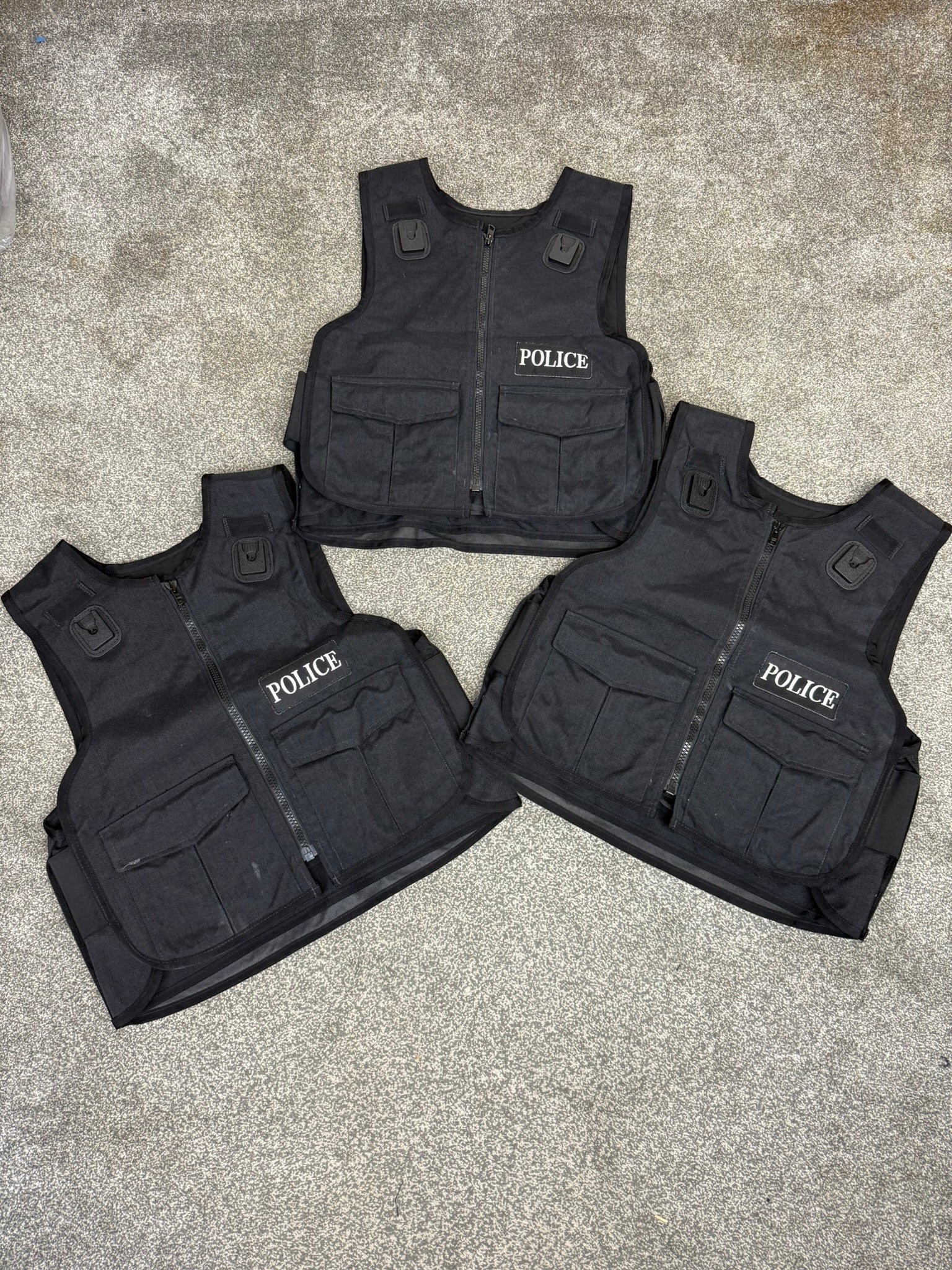 3x Ex Police Black Body Armour Covers Badged Job Lot Film TV Uniform C ...